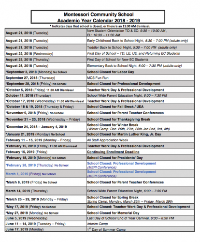 Updated FMSL 2018 – 2019 Academic Calendar | Foothill Montessori of ...